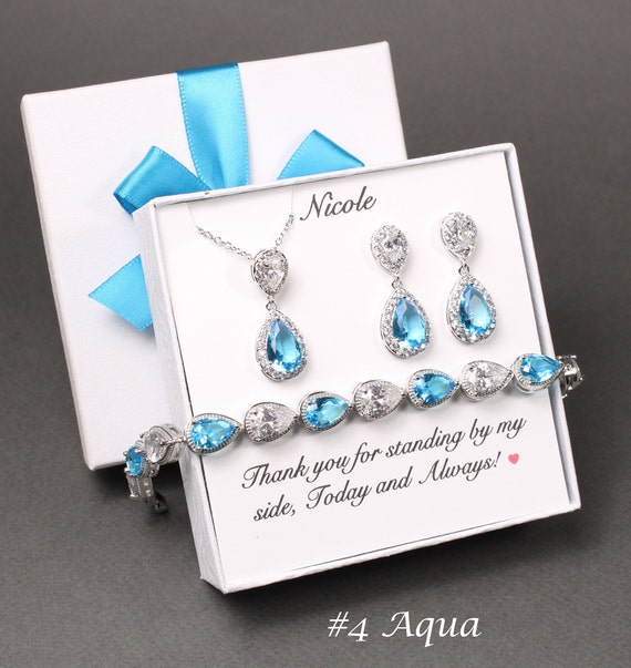 Aqua Blue Crystal Bridesmaid Necklace Earrings Aquamarine Bridesmaid Jewelry Bridesmaid Bracelet Earring Set Color Wedding Gift March XY1 Etsy