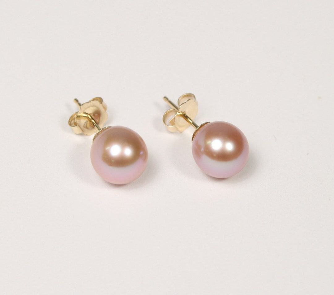Solid Gold Round Natural Pink Fresh Water Pearl Studs 14K Solid Real ...