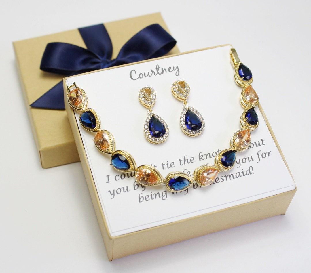 Navy Champagne Bridesmaid Jewelry Champagne Gold Bridesmaid Earrings ...