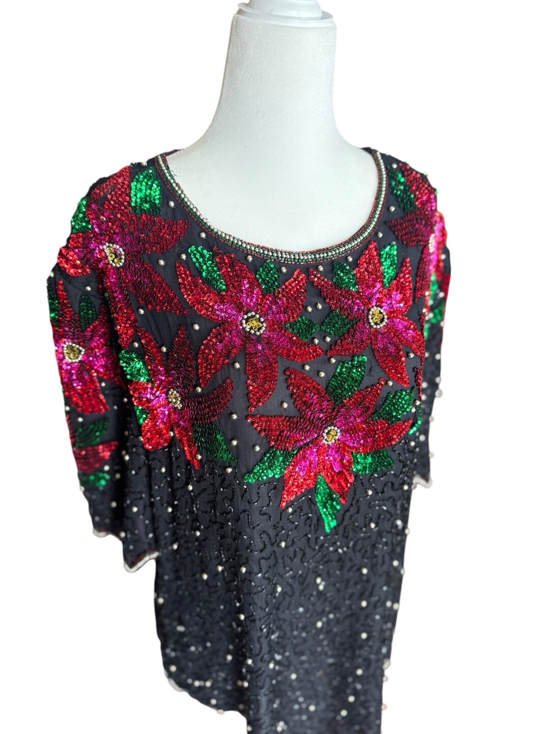 Vintage Laurence Kazar Paris New York Pointsetta Christmas Silk Beaded ...