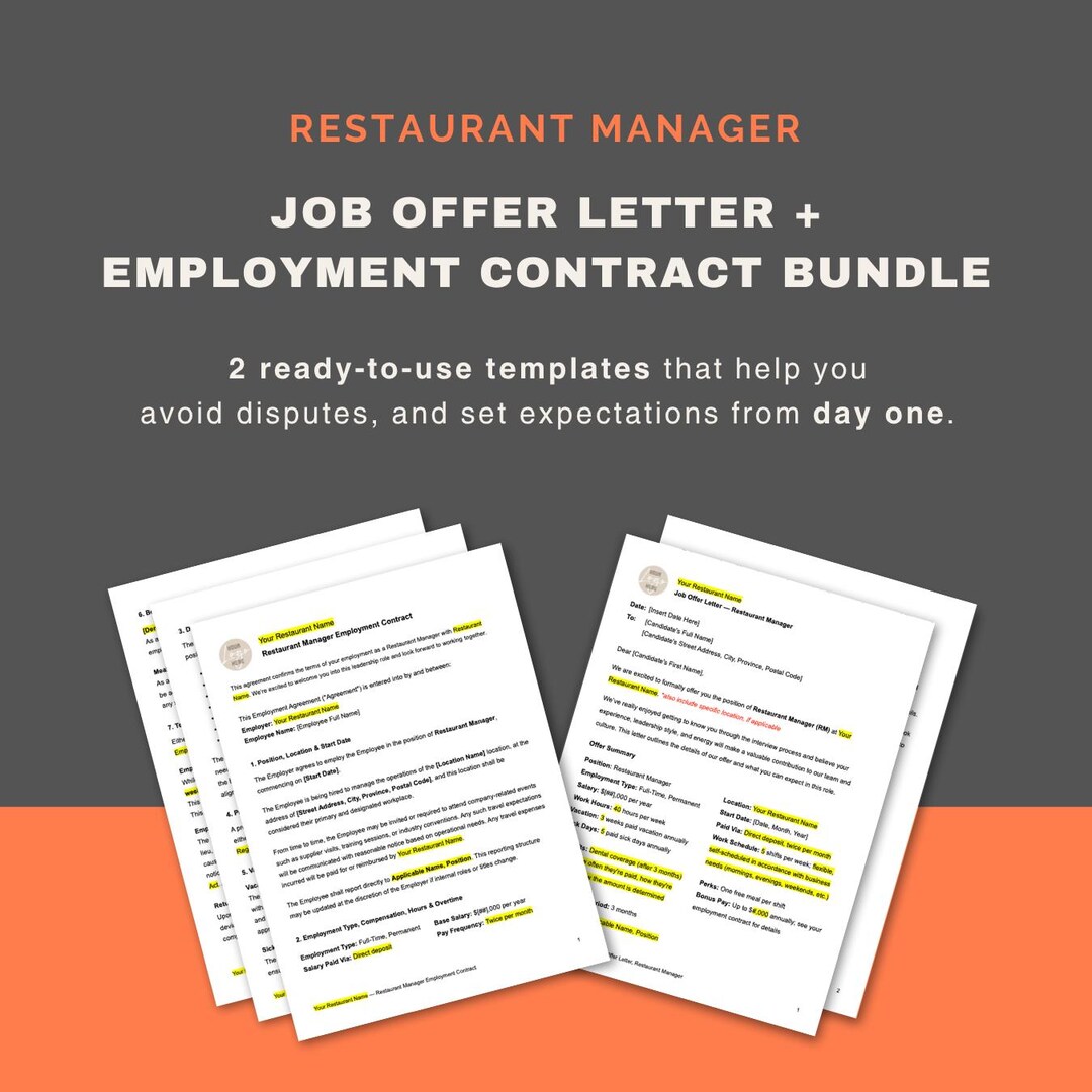 Restaurant Manager Job Offer Letter + Employment Contract Bundle - Etsy