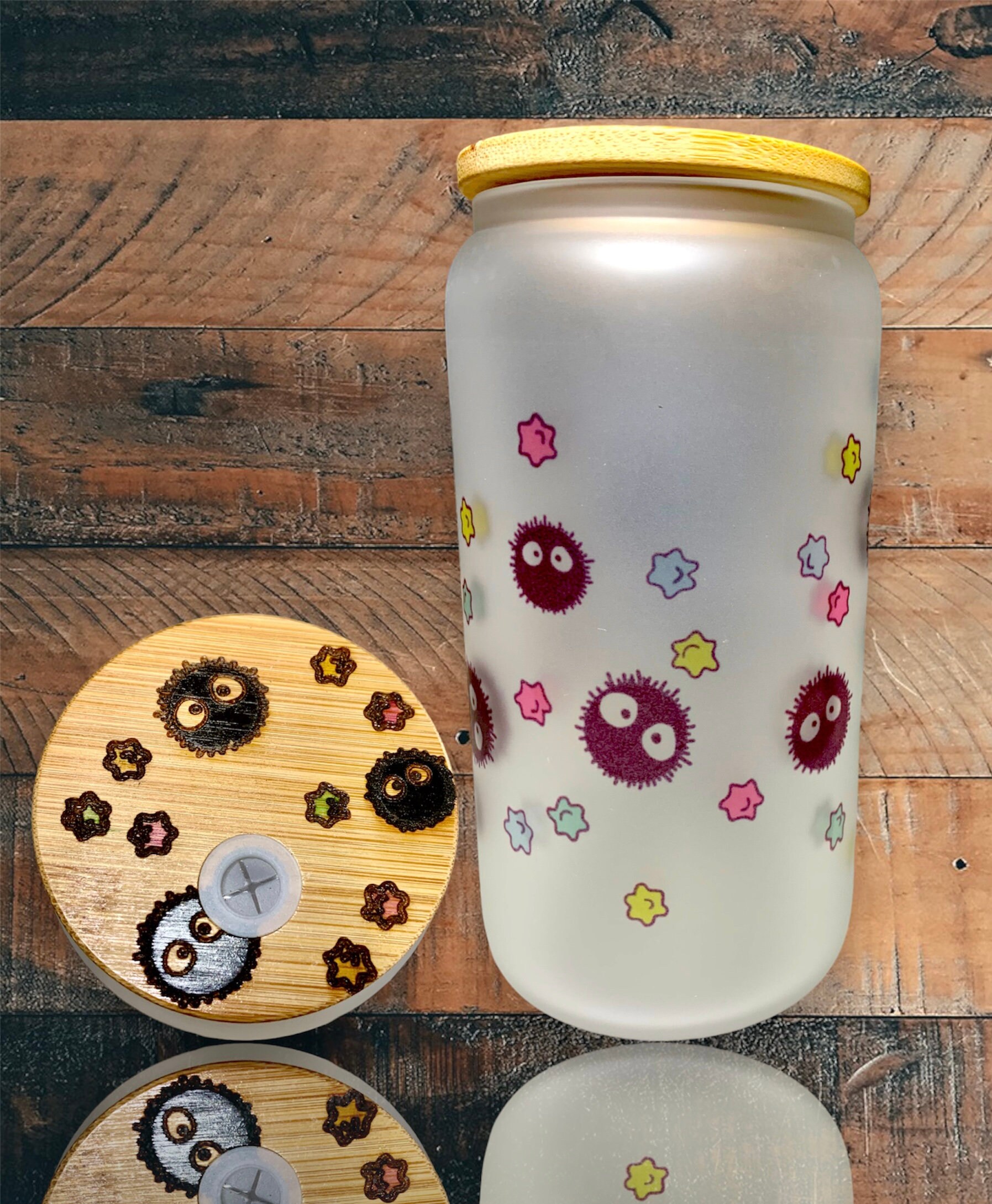 Kawaii Ghibli Theme Spirited Away Soot and Sprite 16oz Glass Can Cup Great Gift Idea Gift for ...