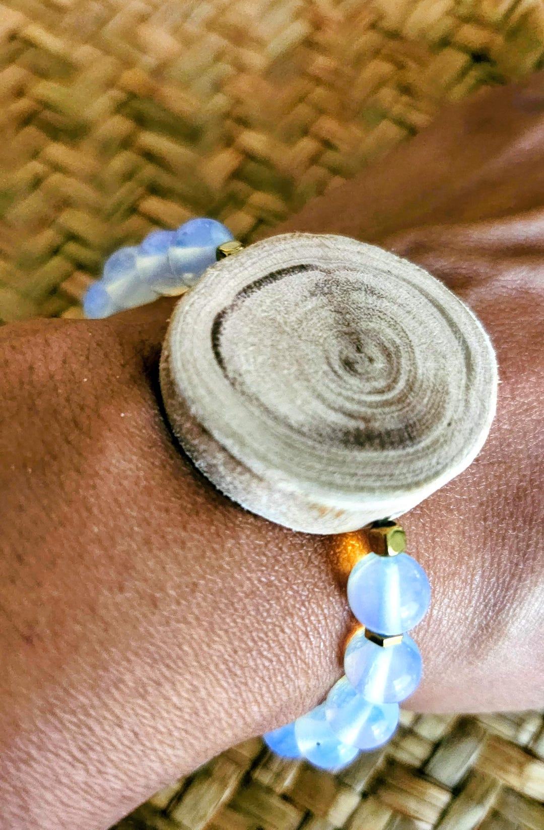 Handmade Reiki Wood Slice Bracelet, White Opal Beads - Etsy