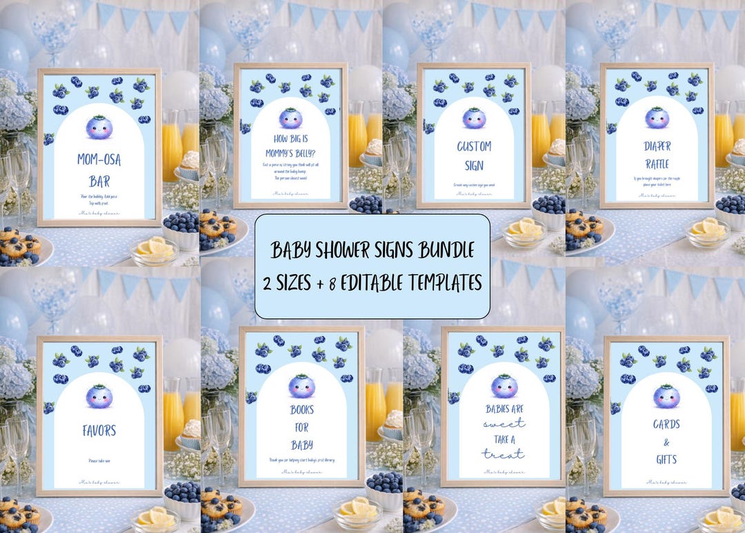Blueberry Baby Shower Table Signs Bundle | Editable Canva Signs Set ...
