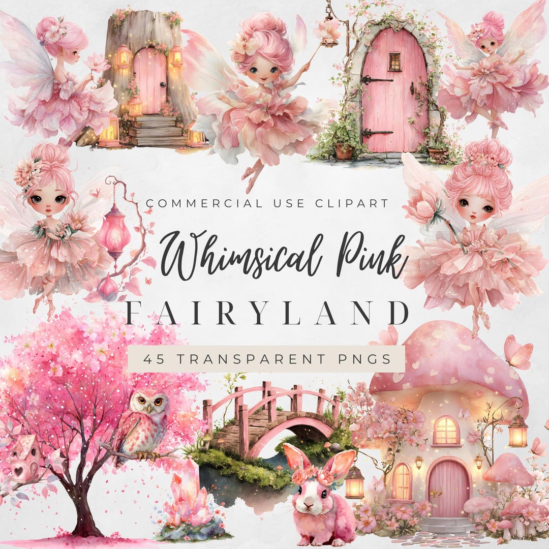 Pink Fairy Clipart, Whimsical Fairyland PNG Set, Watercolor Fairy Girls ...