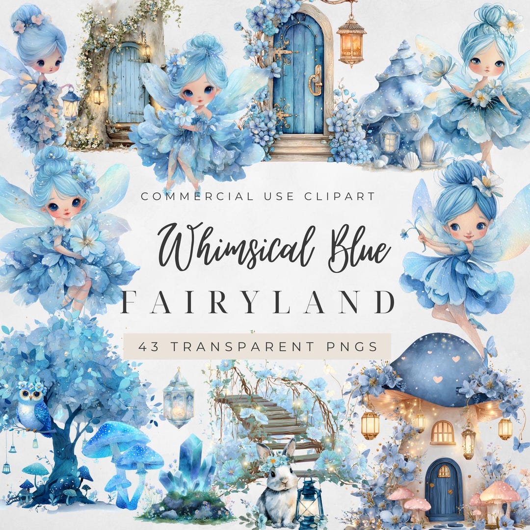 Watercolor Blue Fairy Clipart Set | Magical Fairy House & Forest ...