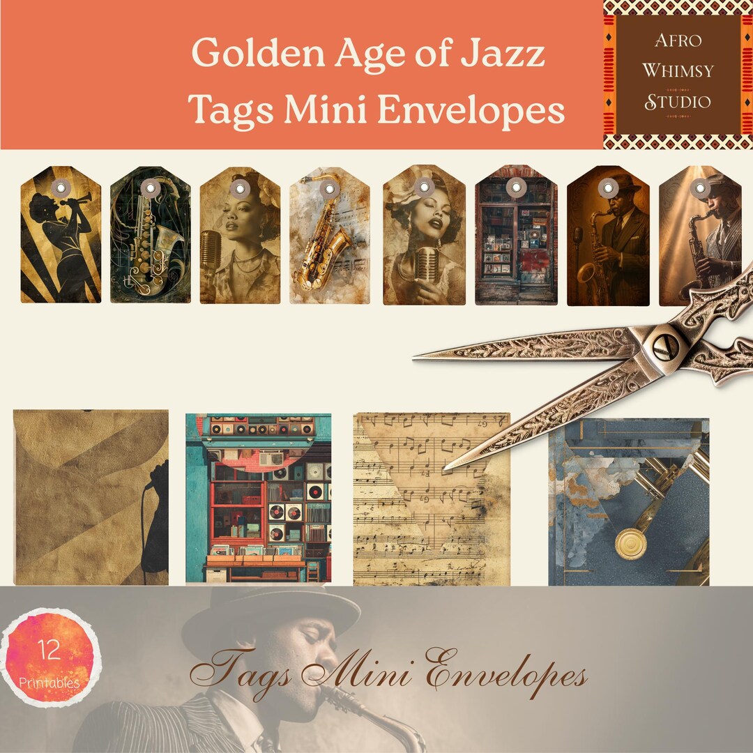 Golden Age of Jazz Mini Envelopes & Tags, Vintage Jazz Junk Journal ...