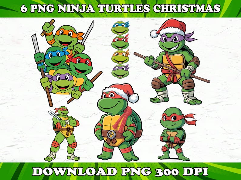 Ninja Turtles Christmas PNG Clipart – TMNT Santa Hats (digital Download ...