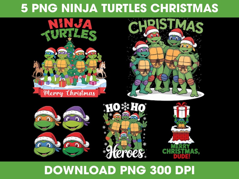 Ninja Turtles Christmas PNG Bundle 5 Designs – TMNT Santa Hats, Merry ...