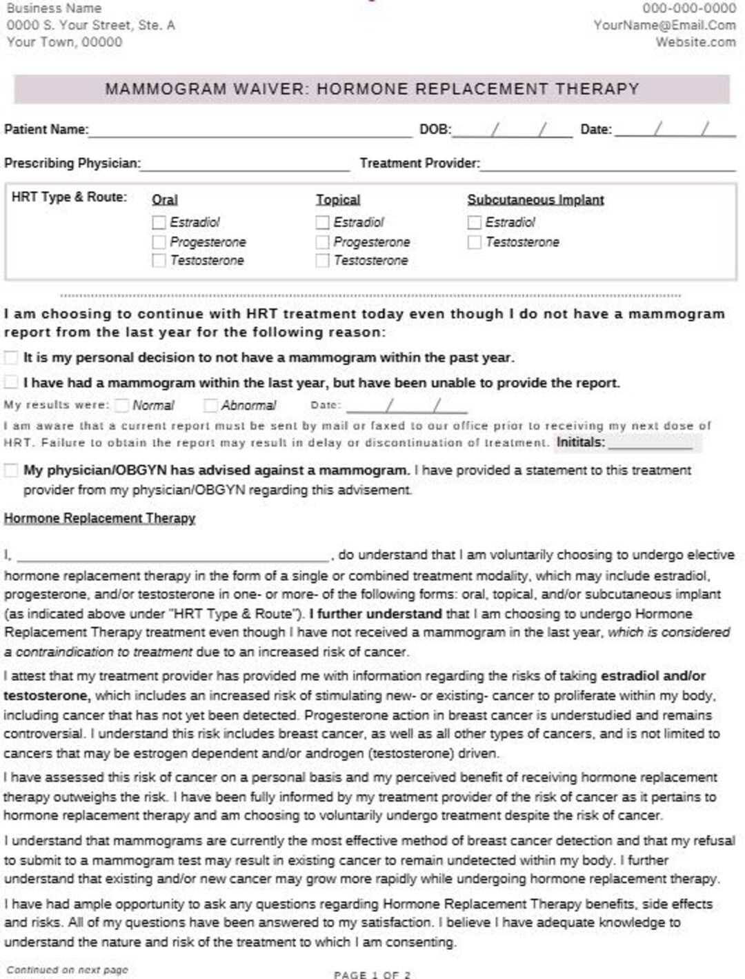 Mammogram - Breast Cancer Waiver - Hormone Replacement Therapy ...