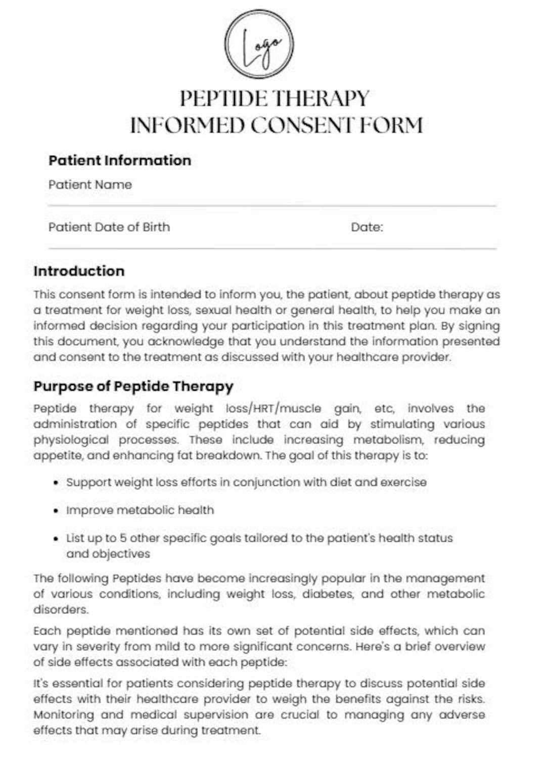 Peptide Consent Form Template for Medical Spa | Clinic Legal Consent ...