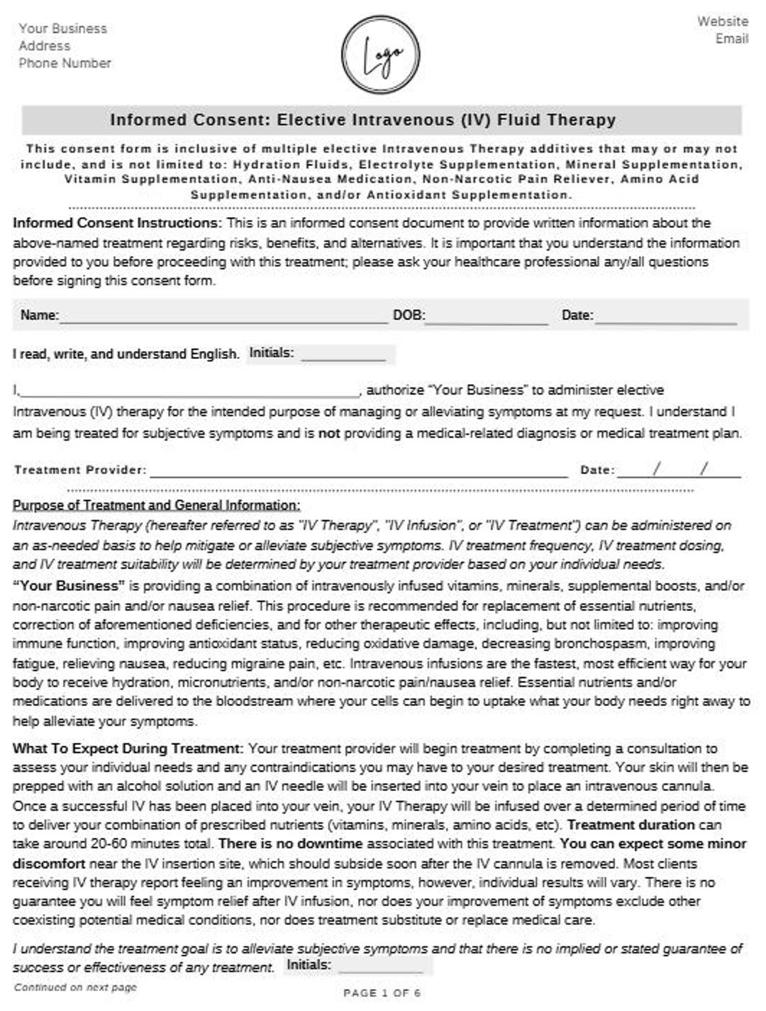 IV Therapy Consent Form – Editable Digital Download - Etsy