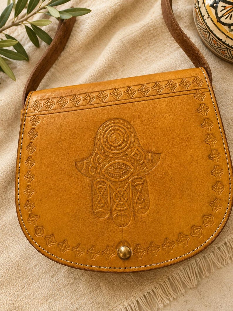 Handmade Moroccan Leather Crossbody Bag | Embossed Artisan Shoulder ...