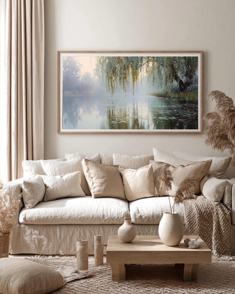 Willow Tree River Landscape Wall Art, Serene Nature Artwork for Living ...