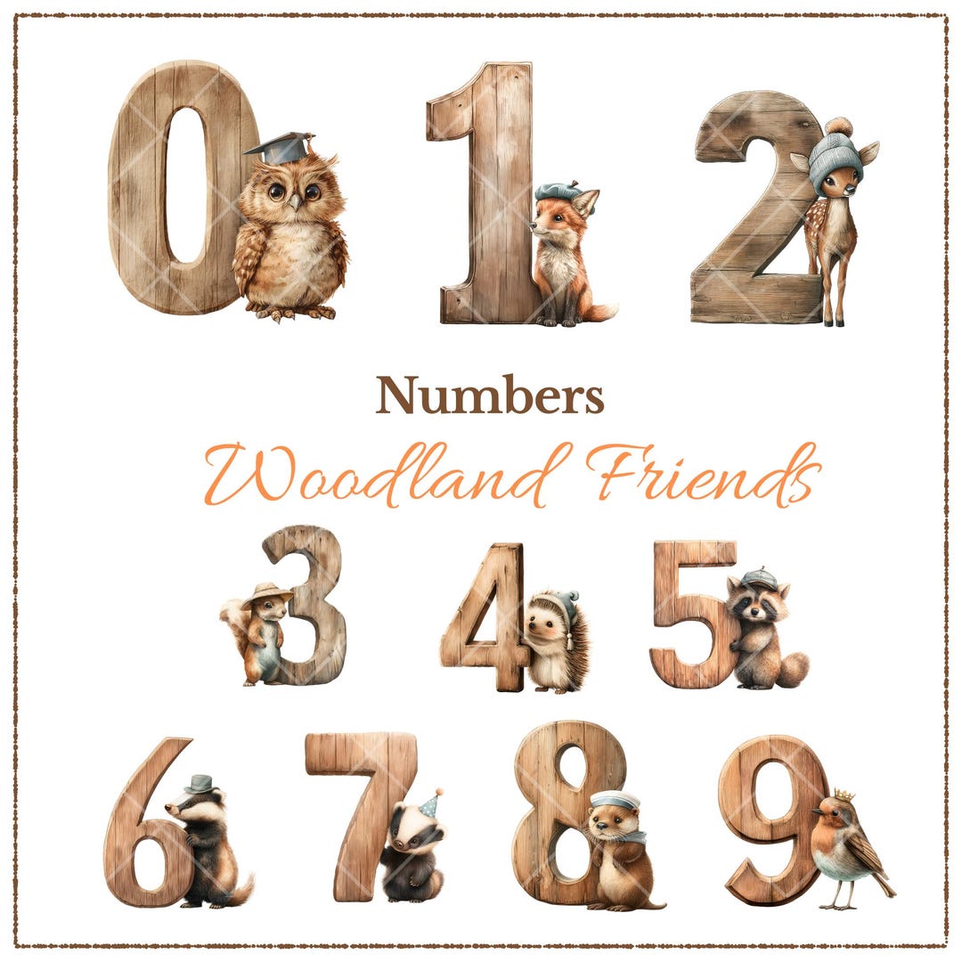 Woodland Friends Numbers Clipart Set, Cute Forest Animals With Hats ...