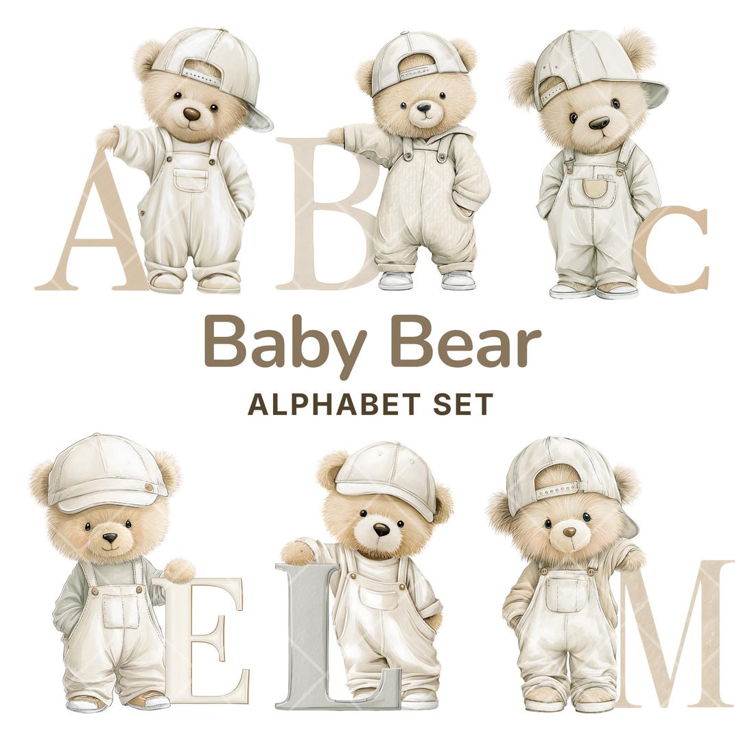 Teddy Bear Alphabet Clipart, Watercolor Baby Bear Letters A-Z, Neutral ...