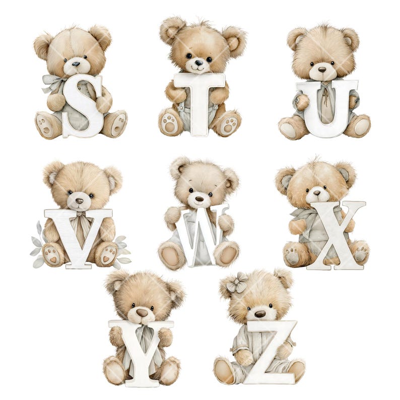 Elegant Teddy Bear Alphabet Clipart Set PNG, Gentle Baby Bear ...