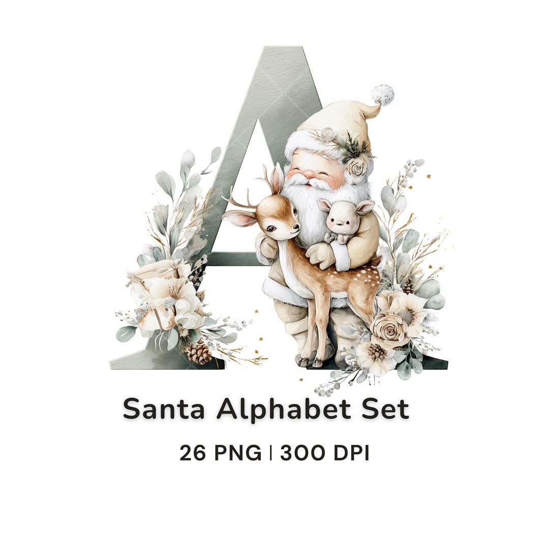 Christmas Alphabet Clipart A-Z, Watercolor Sant & Baby Reindeer Letters ...