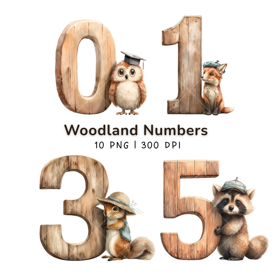 Woodland Animals Numbers Clipart Set, Watercolor 0-9 Wooden Numbers PNG ...