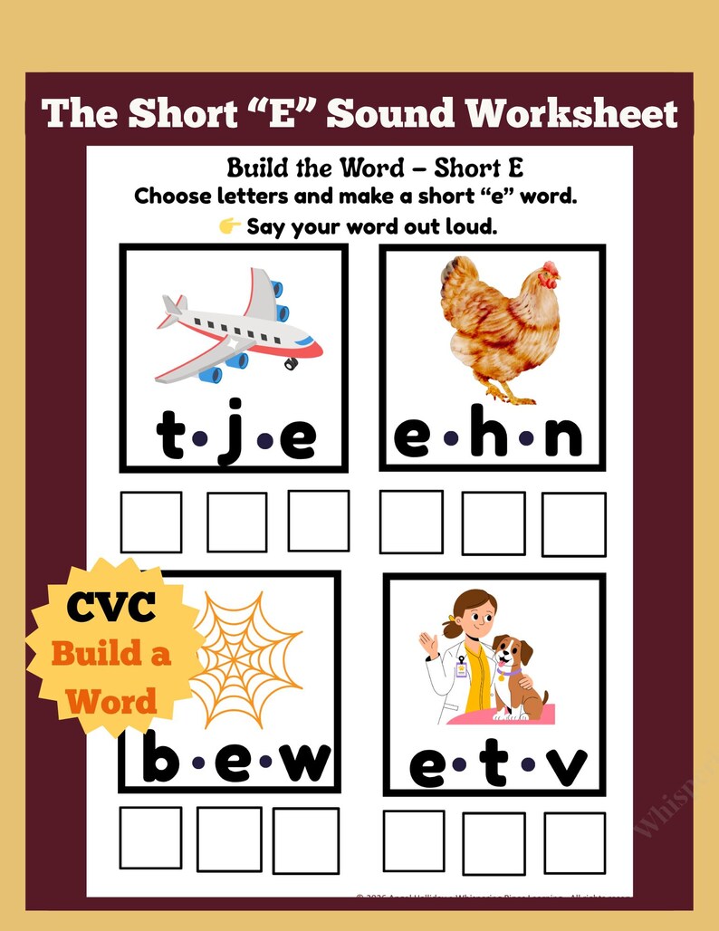 Short E CVC Workbook: Kindergarten Phonics, Preschool Literacy (PDF ...