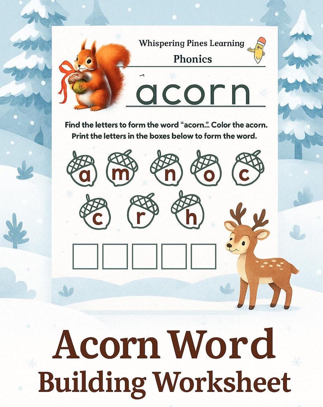 Acorn Phonics Worksheet | Winter Word Building & Preschool Literacy ...
