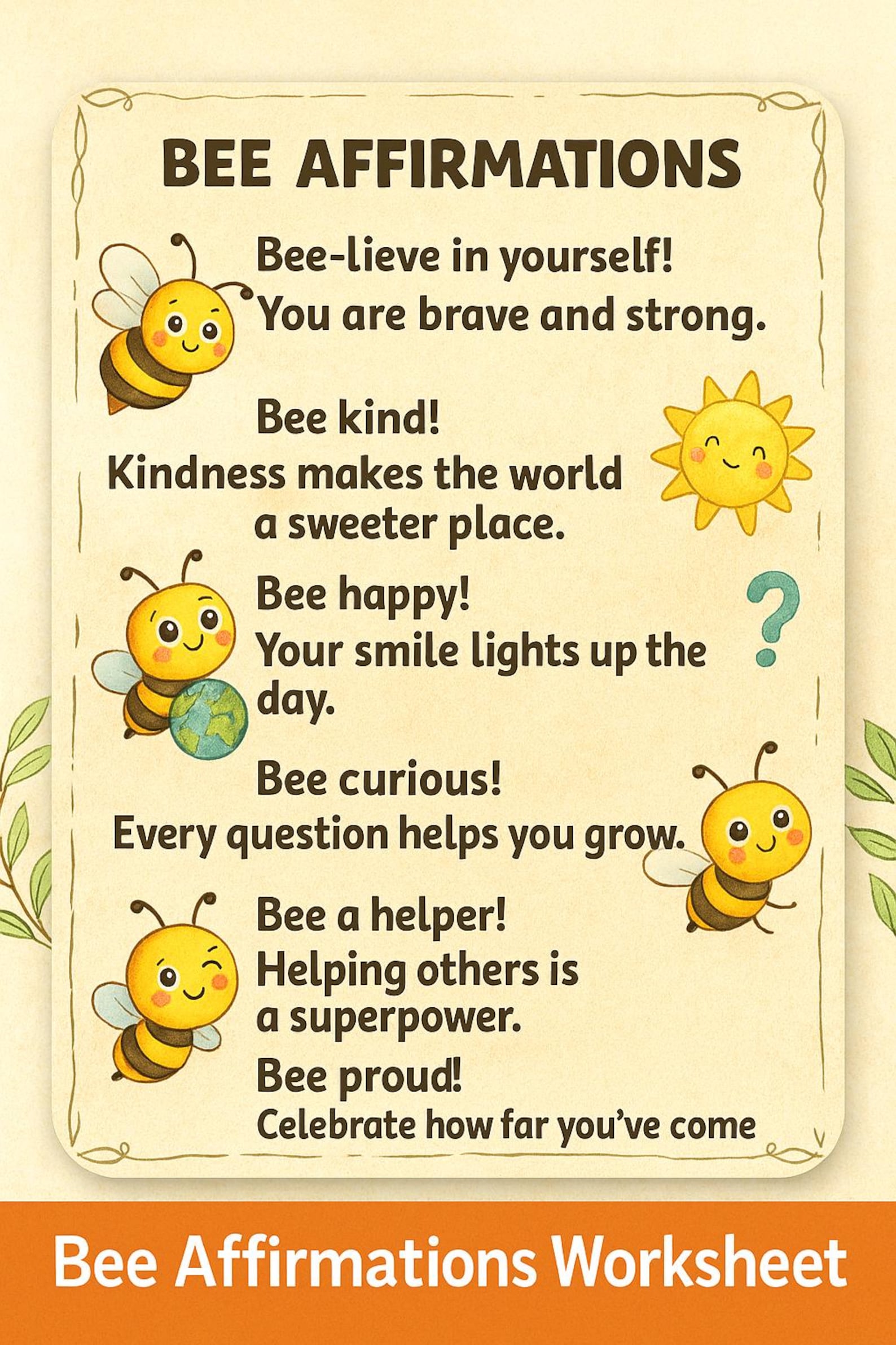 Bee Affirmations Worksheet | Positive Affirmations for Kids | SEL ...