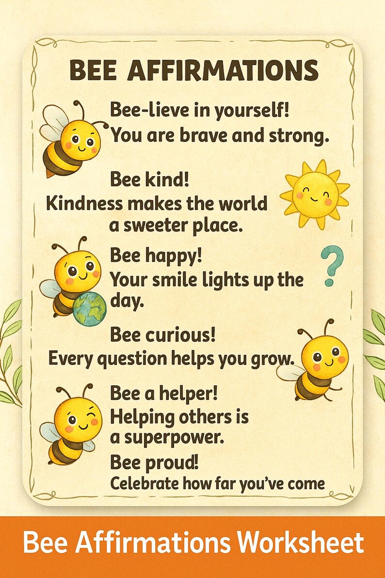 Bee Affirmations Worksheet | Positive Affirmations for Kids | SEL ...