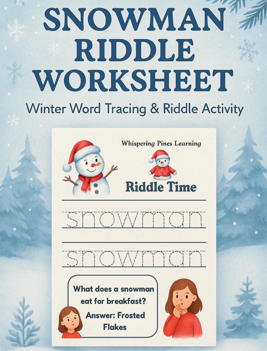 Snowman Riddle Worksheet | Winter Word Tracing & Literacy Printable - Etsy