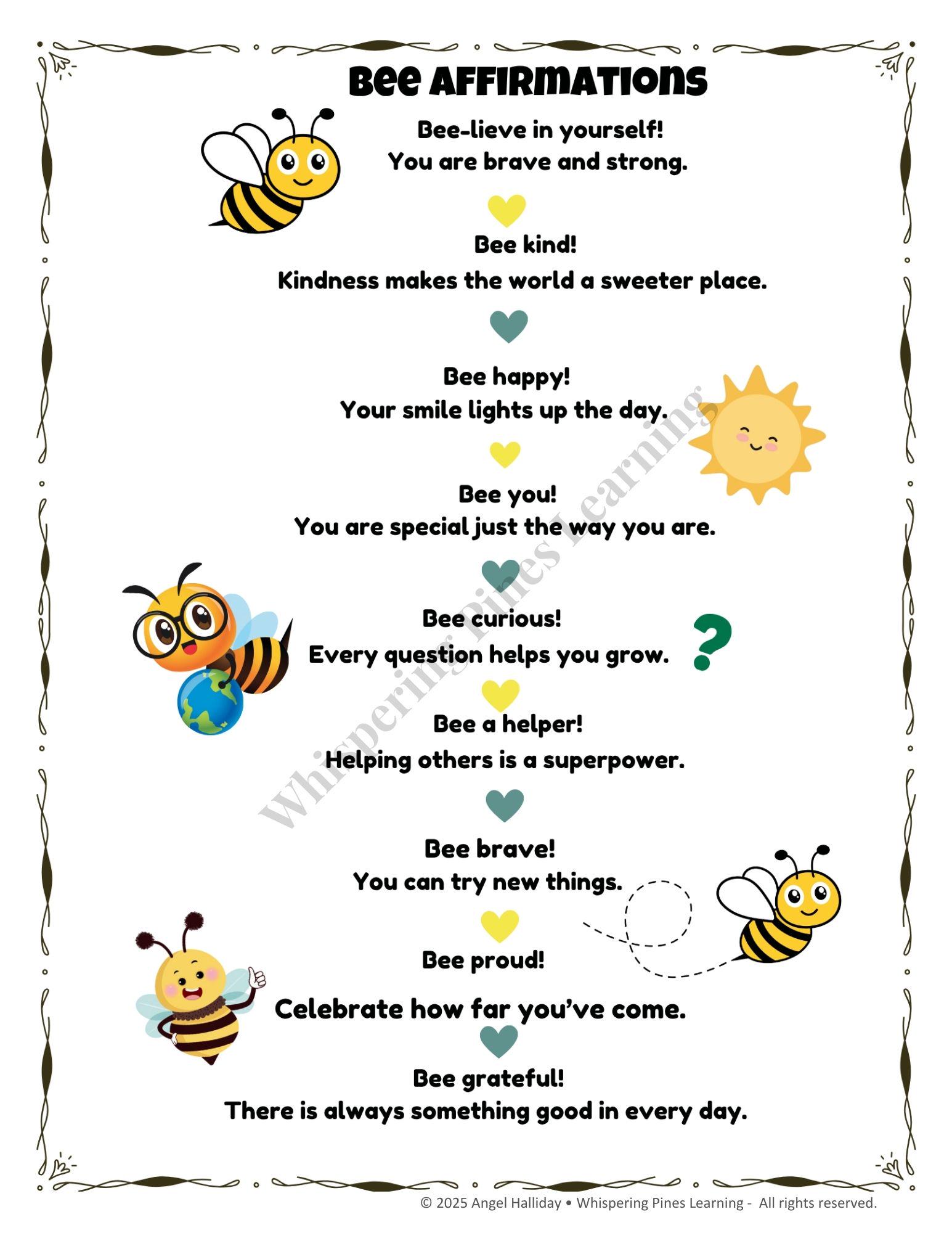 Bee Affirmations Worksheet | Positive Affirmations for Kids | SEL ...