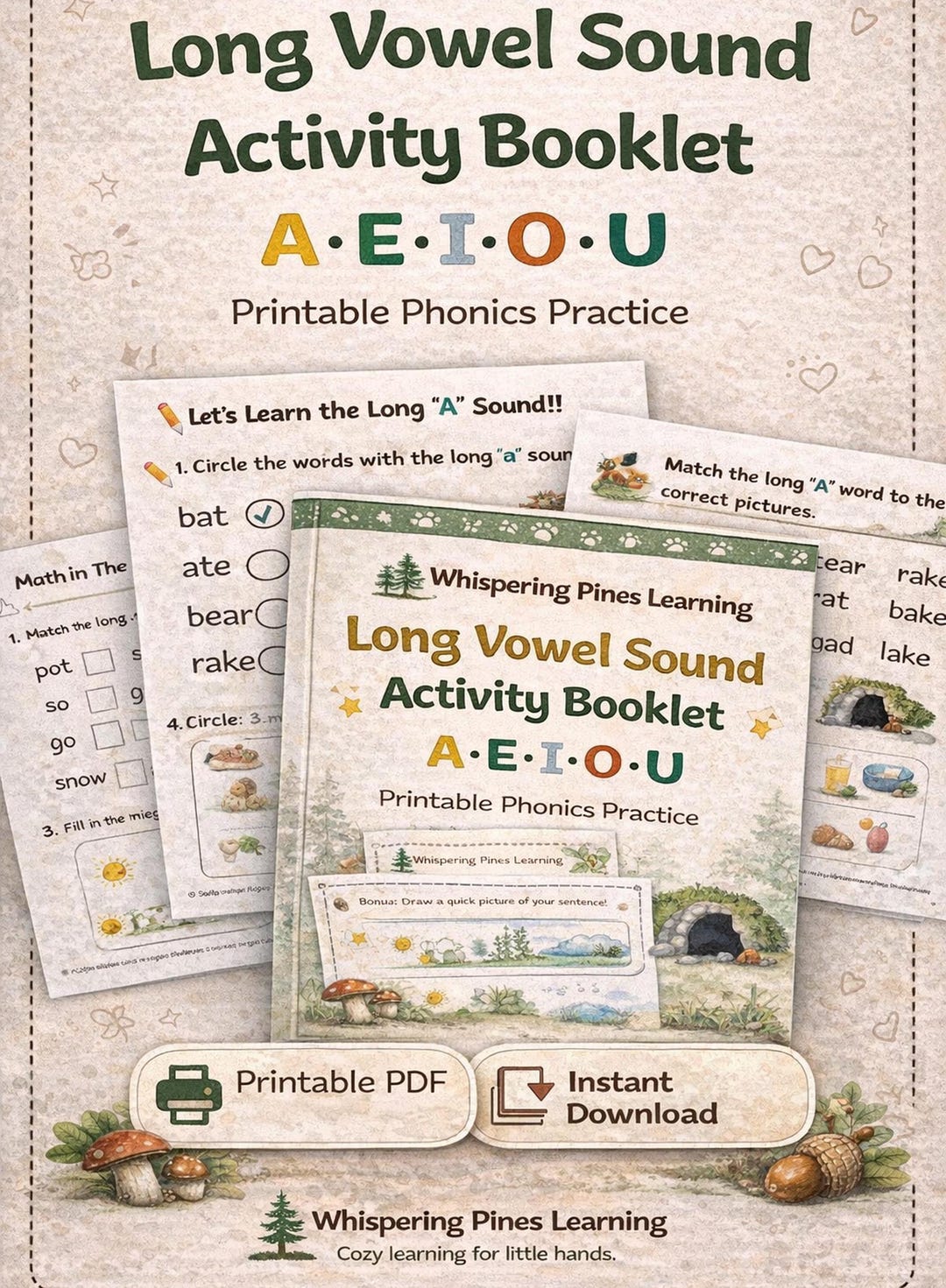 Long Vowel Sound Worksheets | Phonics Printable A E I O U - Etsy