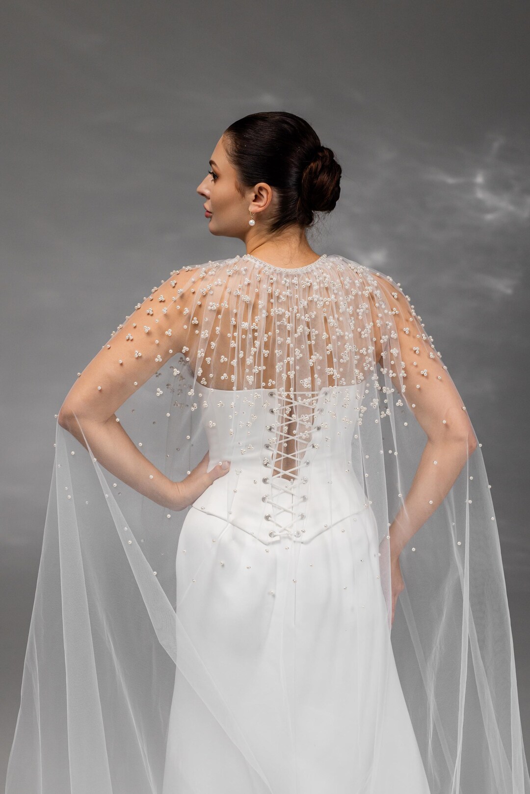 Pearl Bridal Cape, Shoulder Wedding Cover Up, Boho Handmade Pearl Tulle ...