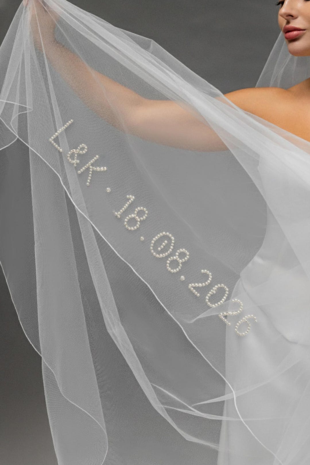 Embroidered Wedding Veil With Name Text, Two Tier Lace Veil ...