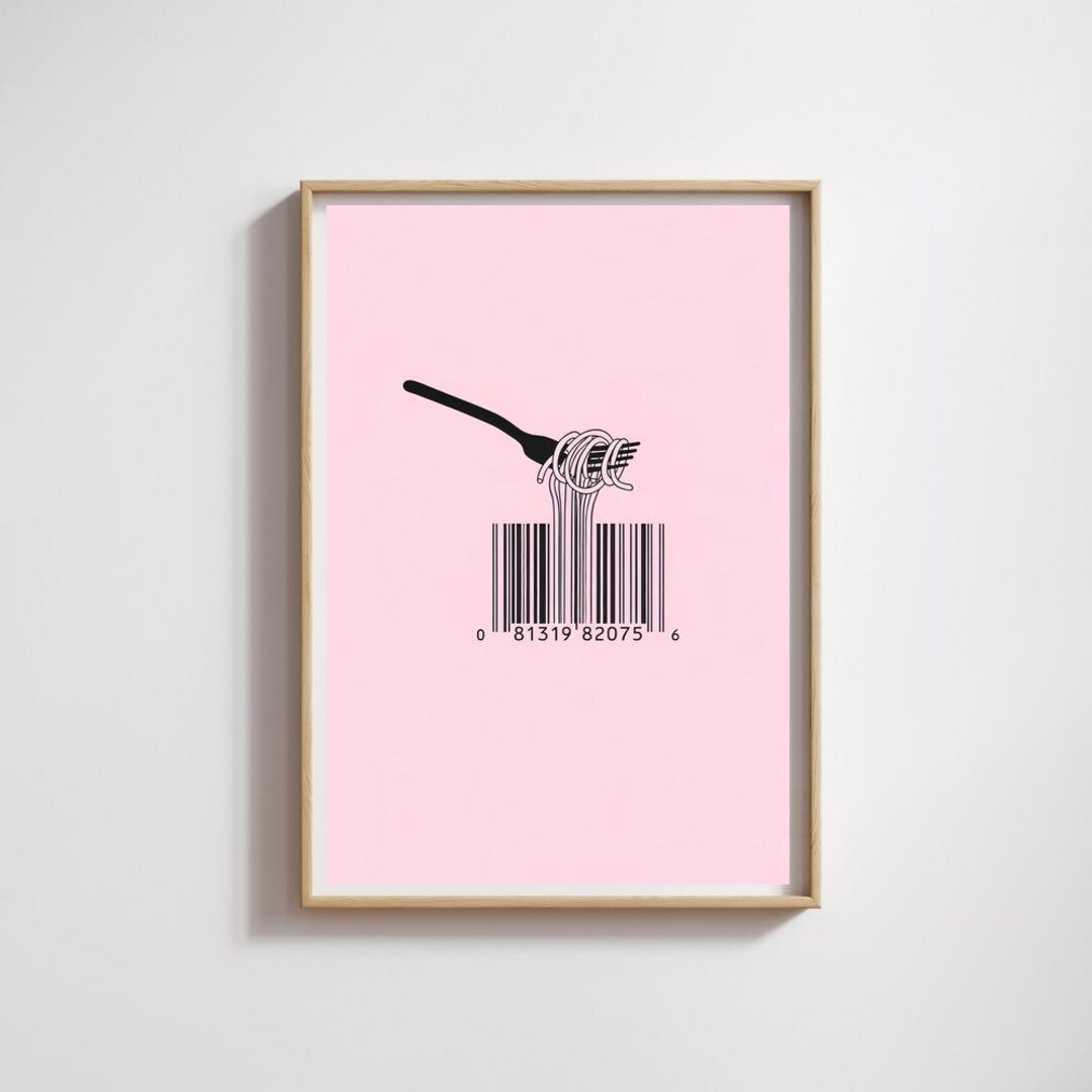 Minimalist Spaghetti Barcode Poster, Pink Kitchen Wall Art, Quirky Pop ...