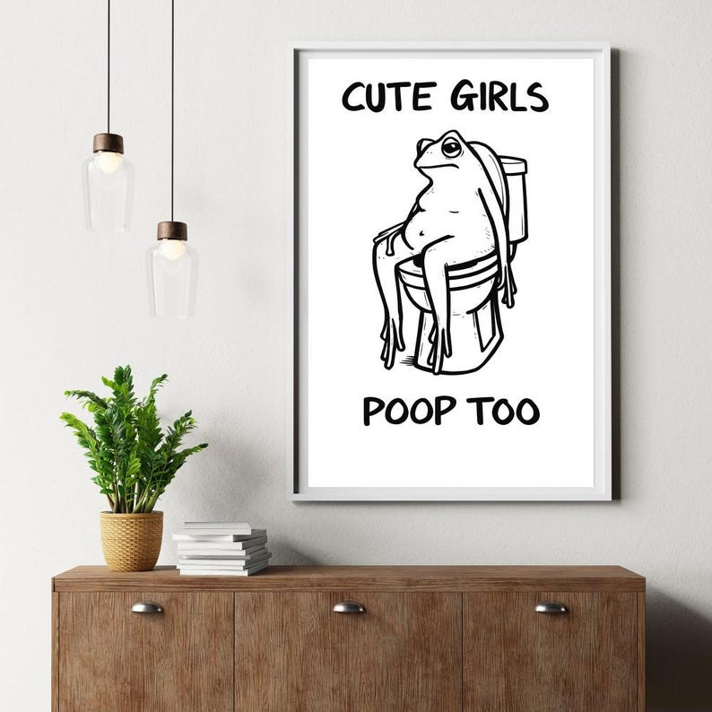 Funny Frog Bathroom Humor Print Cute Girls Poop Too Black and White ...