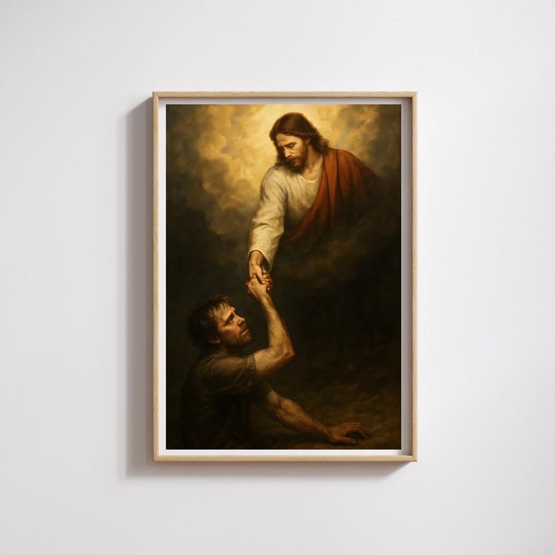 Savior Reaching Out to Man Painting, Christian Inspirational Wall Art ...