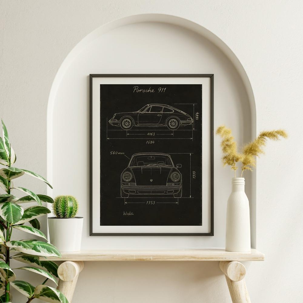 Porsche 911 Blueprint Poster, Vintage Technical Drawing Line Art ...