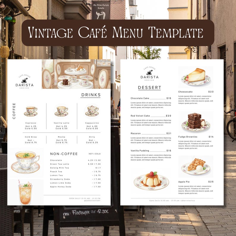 Editable Vintage Café Menu Template (digital Dessert and Drink Layout ...