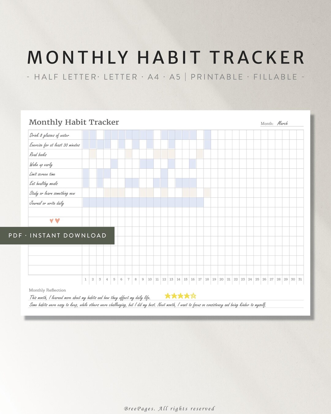 Monthly Habit Tracker Printable | Goal Tracker Landscape | One & Two ...
