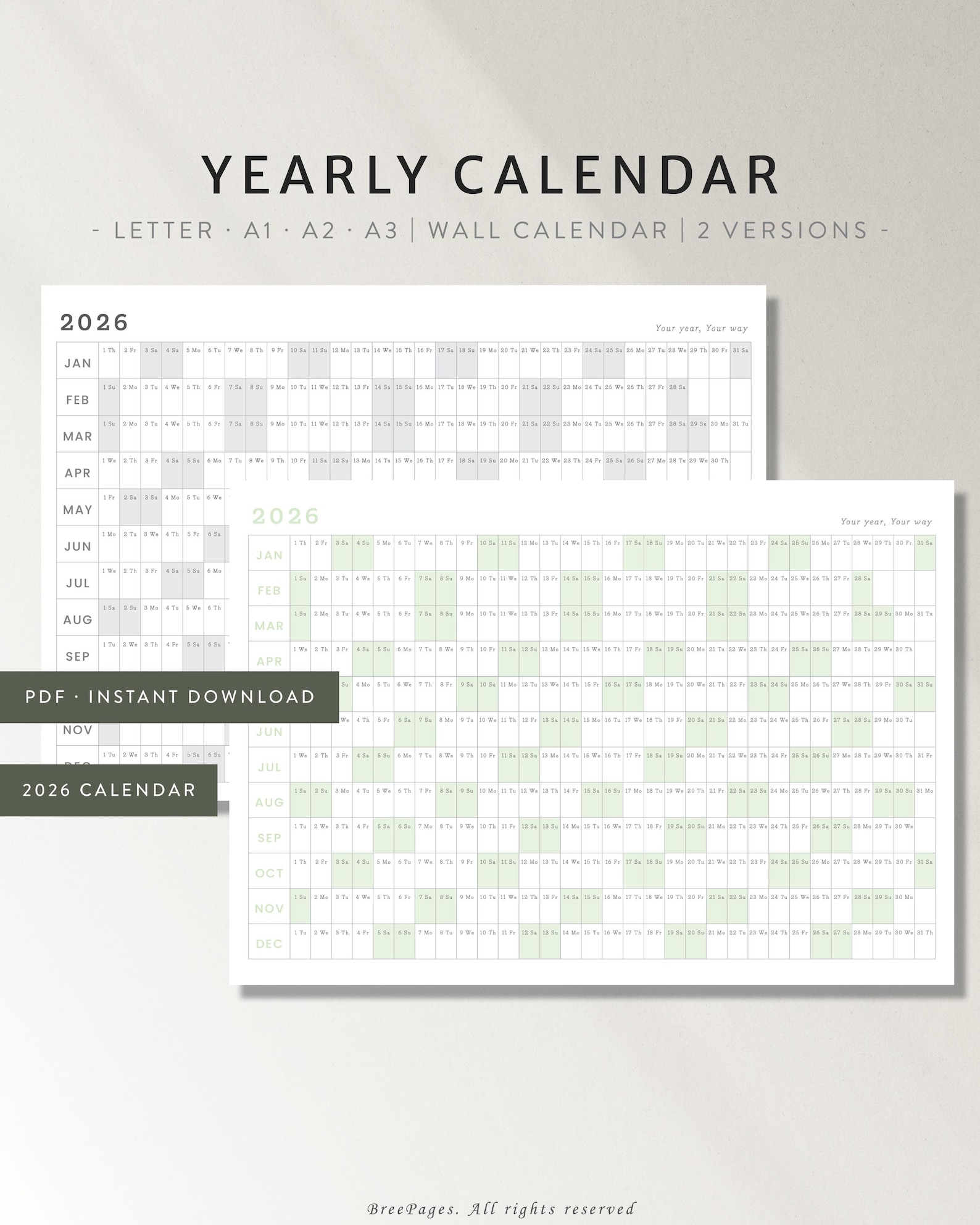 Minimal 2026 Yearly Calendar | One Page Year at a Glance | Large Wall ...