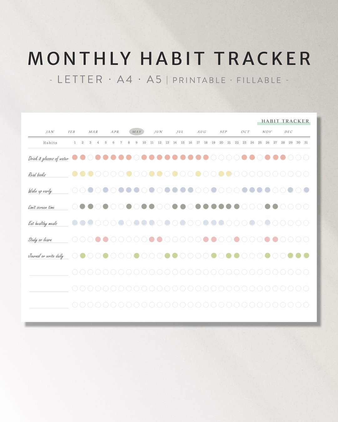 Monthly Habit Tracker Printable PDF | A4 A5 Letter | Fillable Planner ...