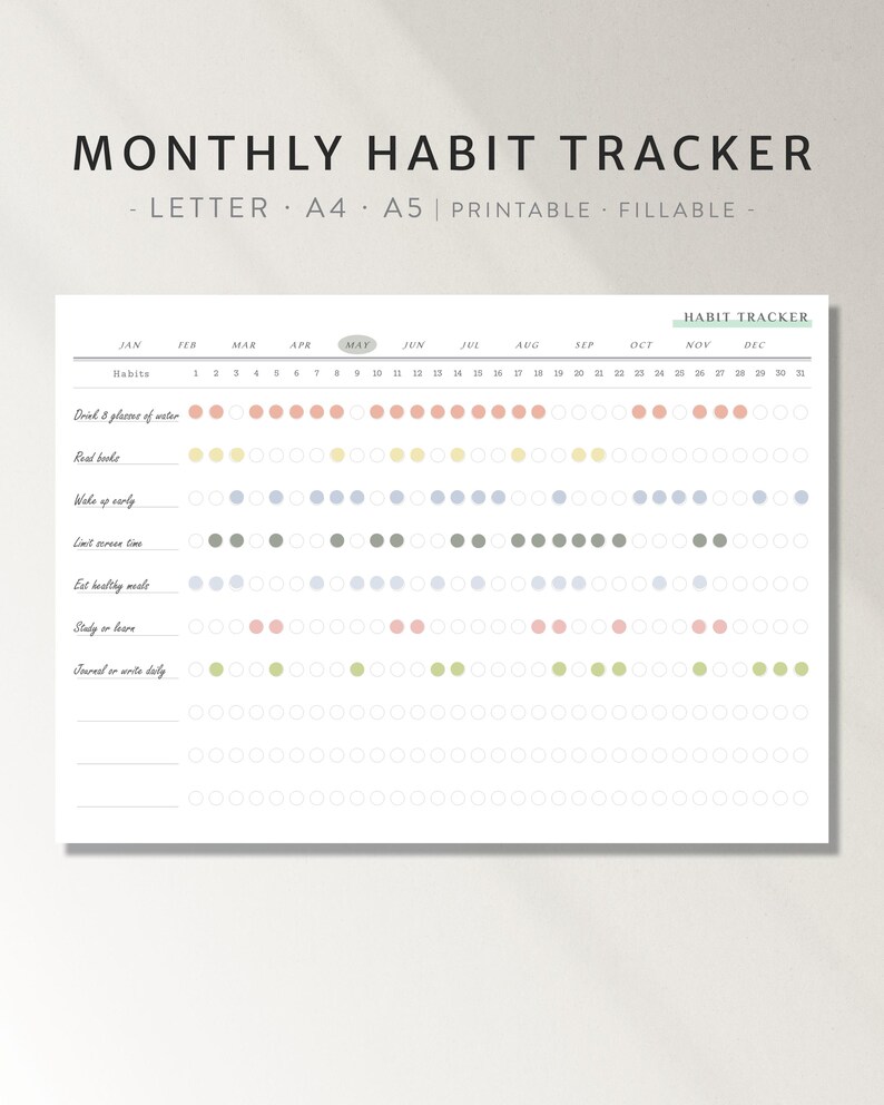 Monthly Habit Tracker Printable PDF | A4 A5 Letter | Fillable Planner ...