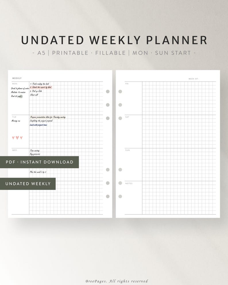 Undated Weekly Planner Printable | Fillable PDF | Grid Layout | Minimal ...