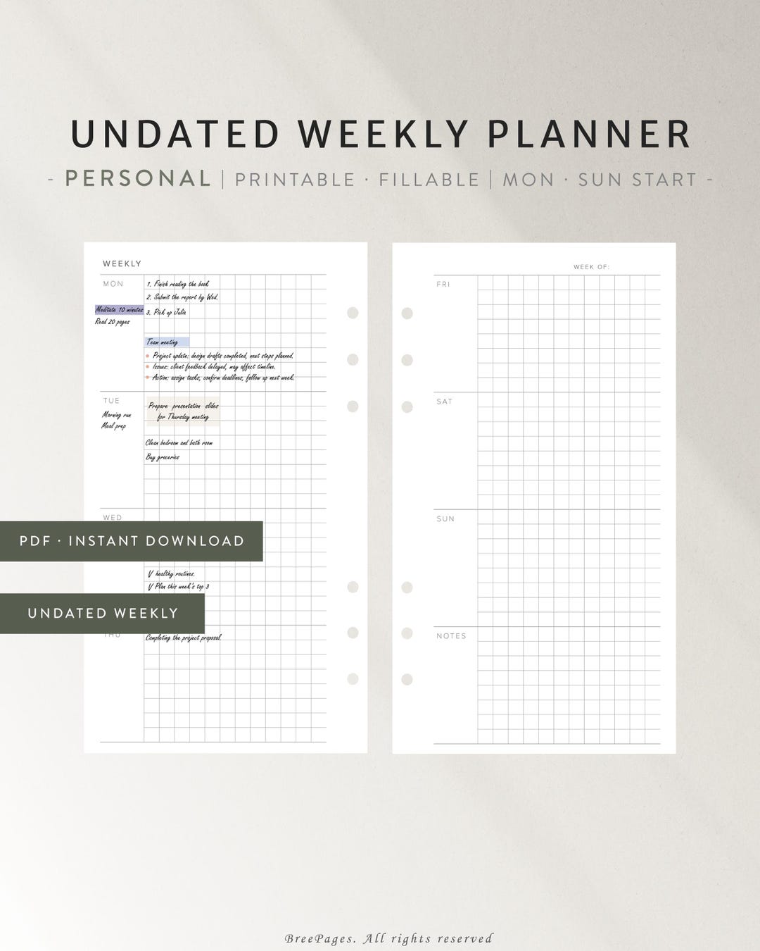 Undated Weekly Planner | Personal Size Printable Inserts | WO2P ...