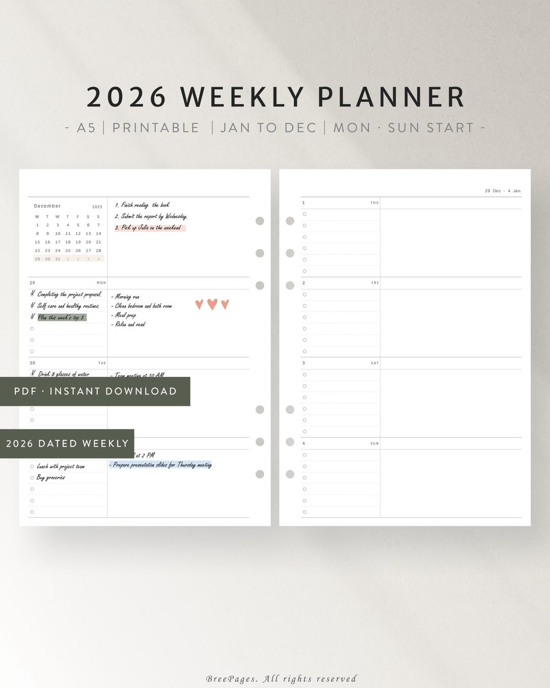 2026 Dated Weekly Planner PDF | Two-page Layout WO2P | Minimal A5 ...