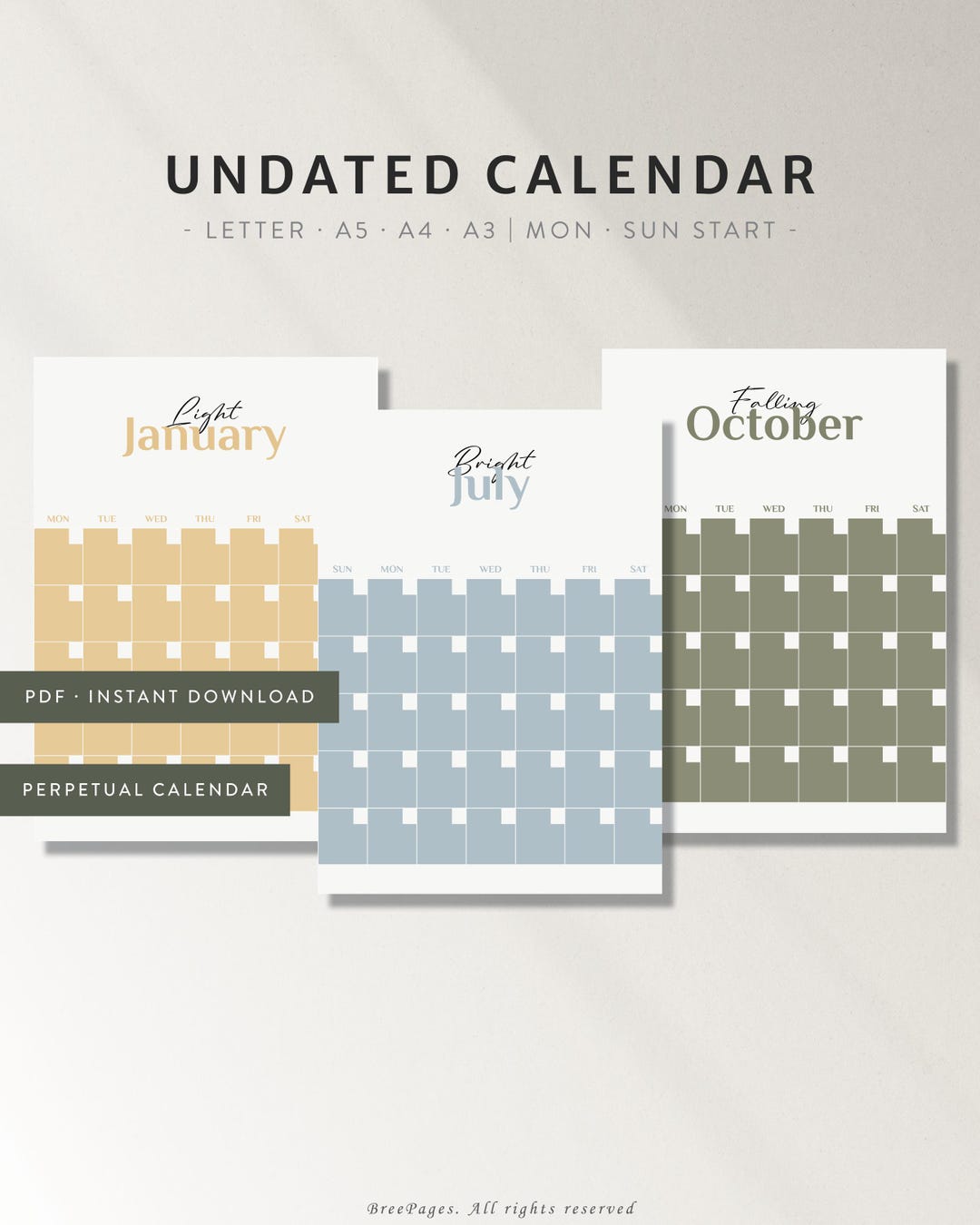 Undated Perpetual Calendar | Minimalist Monthly Planner PDF (A3, A4 ...