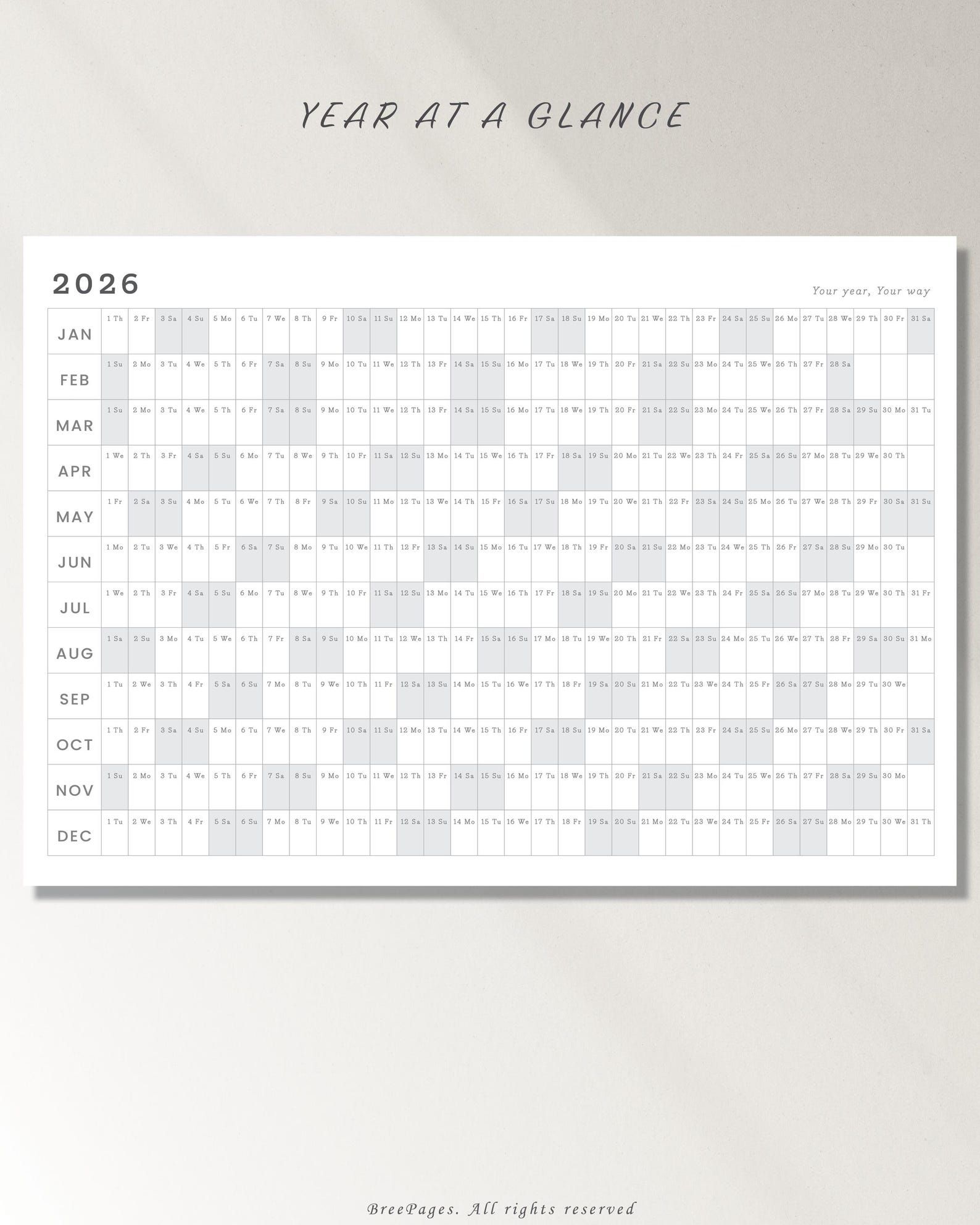 Minimal 2026 Yearly Calendar | One Page Year at a Glance | Large Wall ...