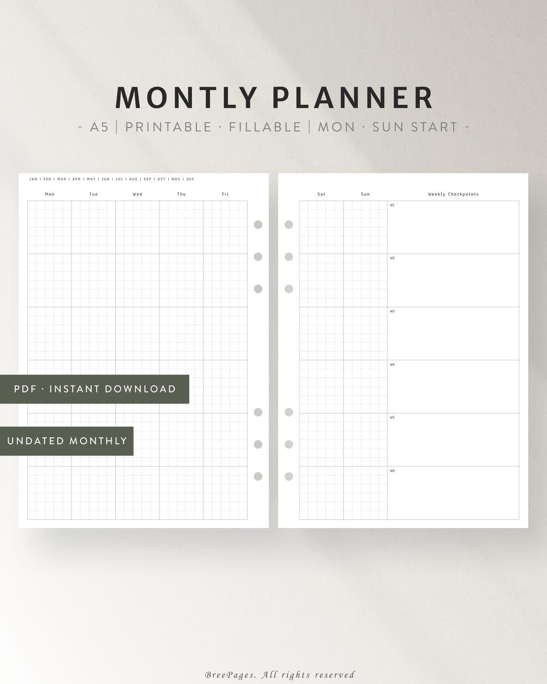 Minimal Monthly Planner | Undated Printable Calendar PDF | Clean Simple ...