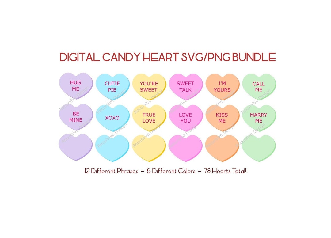 Candy Heart SVG Bundle, Candy Heart PNG, Valentine Hearts Svg, Candy ...