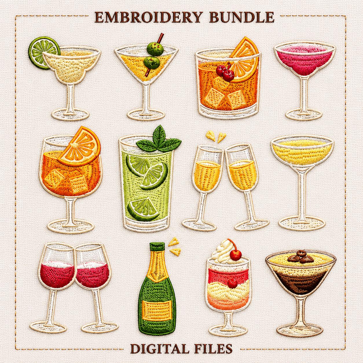 Cocktail Embroidery Bundle Design Drinks Collection Beverage Set ...