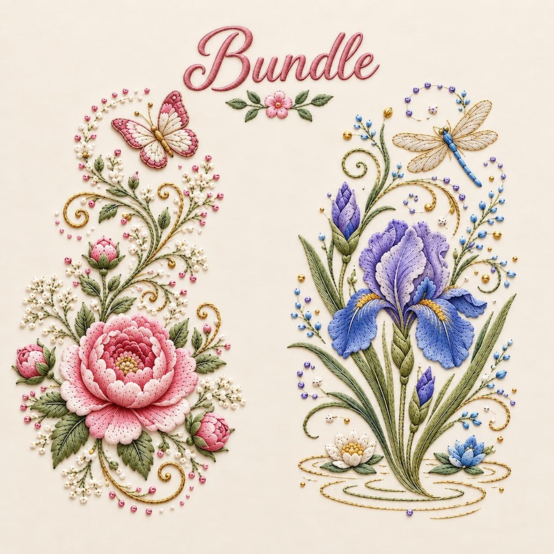 Floral Bundle Machine Embroidery Designs Peony Iris Butterfly Dragonfly ...